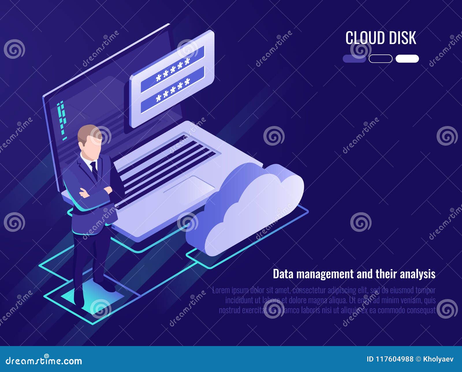Concept of Cloud Disk and Data Access, Businessman Stay on Background ...