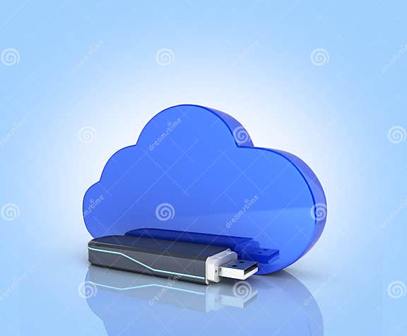 Concept of Cloud Storage USB Flash Drive with Cloud Isolated on Blue ...