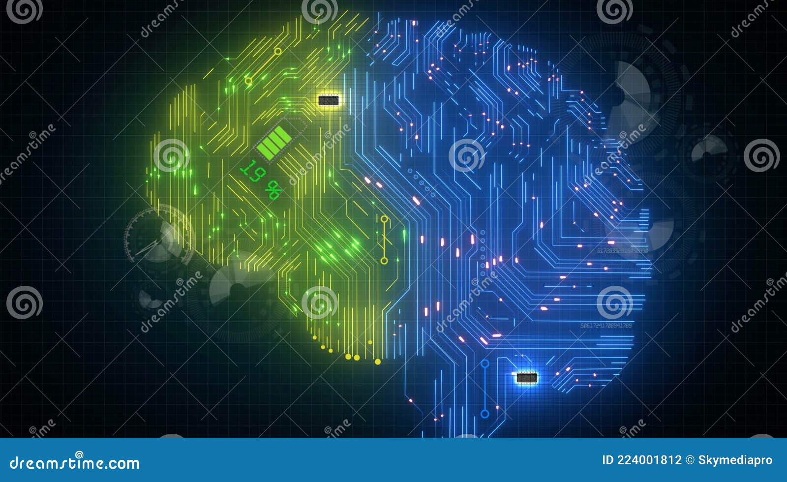 Concept Colored Circuit Board in Form of Human Brain, Hud Display and ...