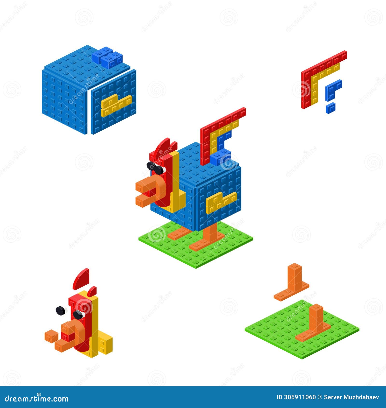 Concept with Colored Rooster Made of Plastic Bricks. Vector Stock ...