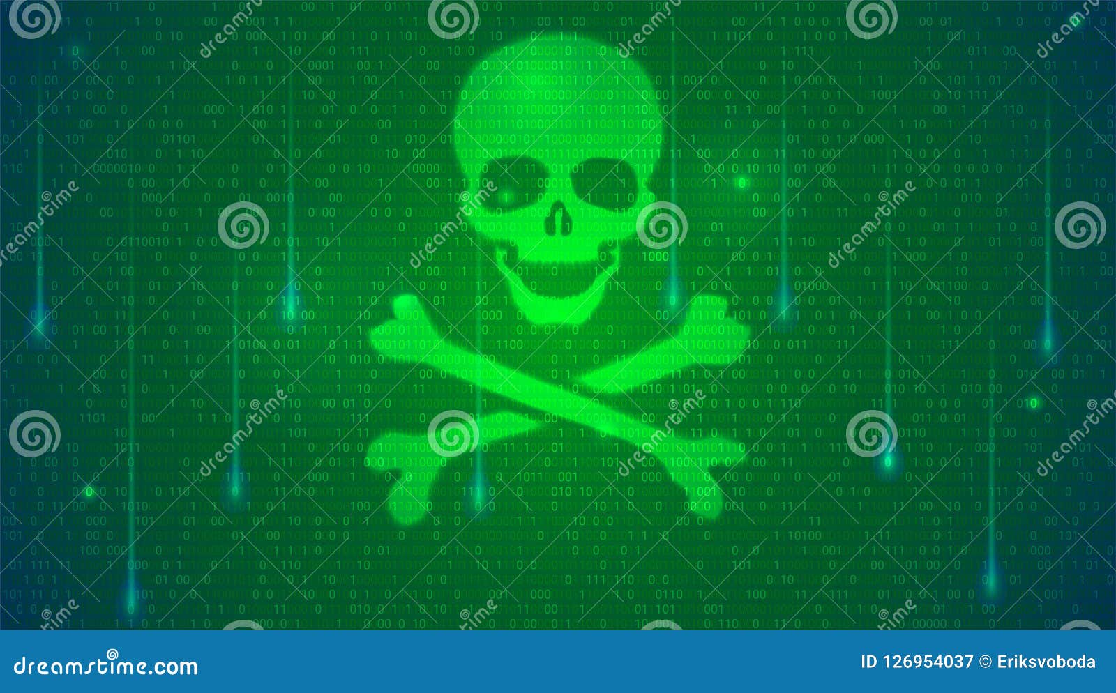 Concept Of Computer Hacking Binary Code Floating Digits And Skull With Bones On Digital
