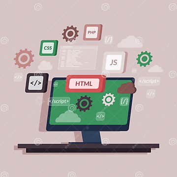 Concept of Computer Programming or Developing Software or Game. Monitor ...