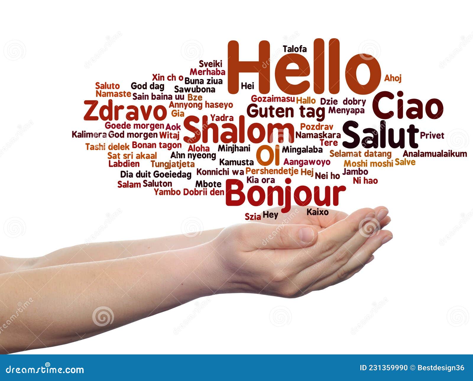Abstract Hello or Greeting International Word Cloud on Hands in ...