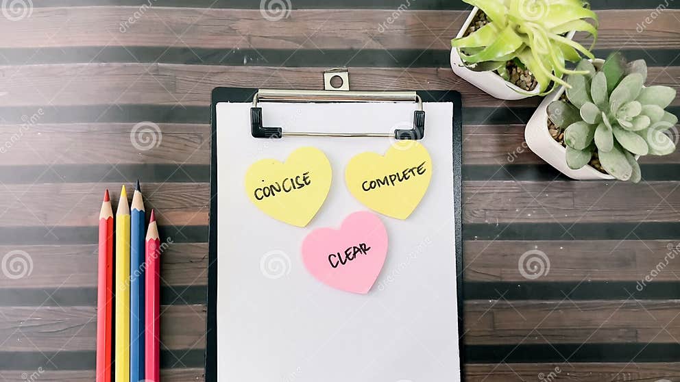 Concept of Concise, Clear, Complete Write on Sticky Notes Isolated on ...