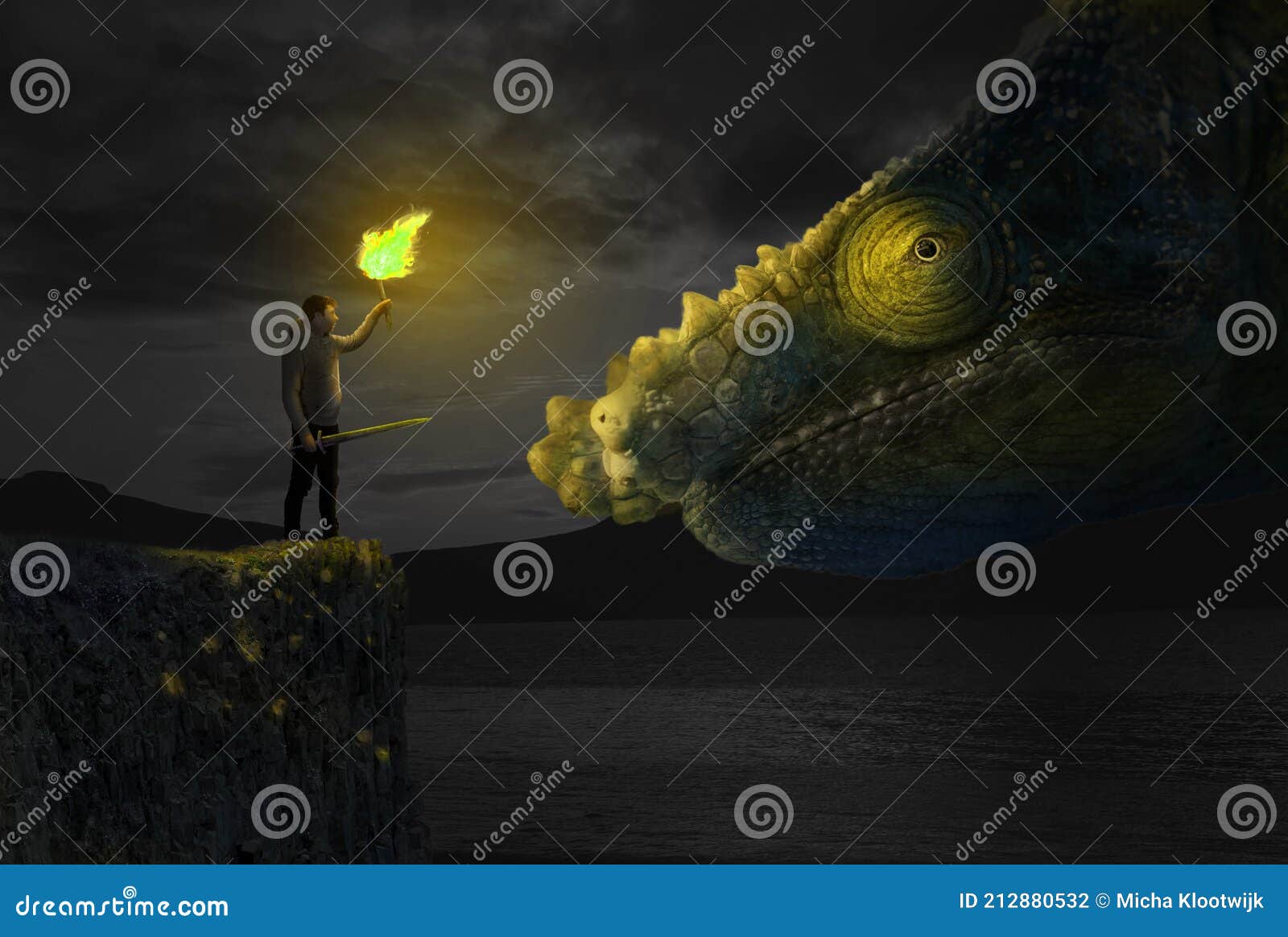 Concept of Confidence - Man Facing a Dragon Stock Illustration ...