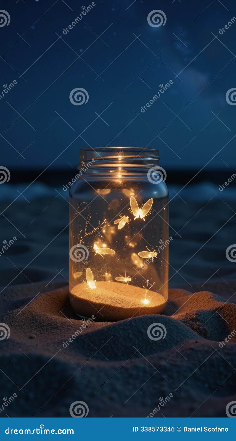A Container Holding Fireflies Sits on a Sandy Beach Stock Illustration ...