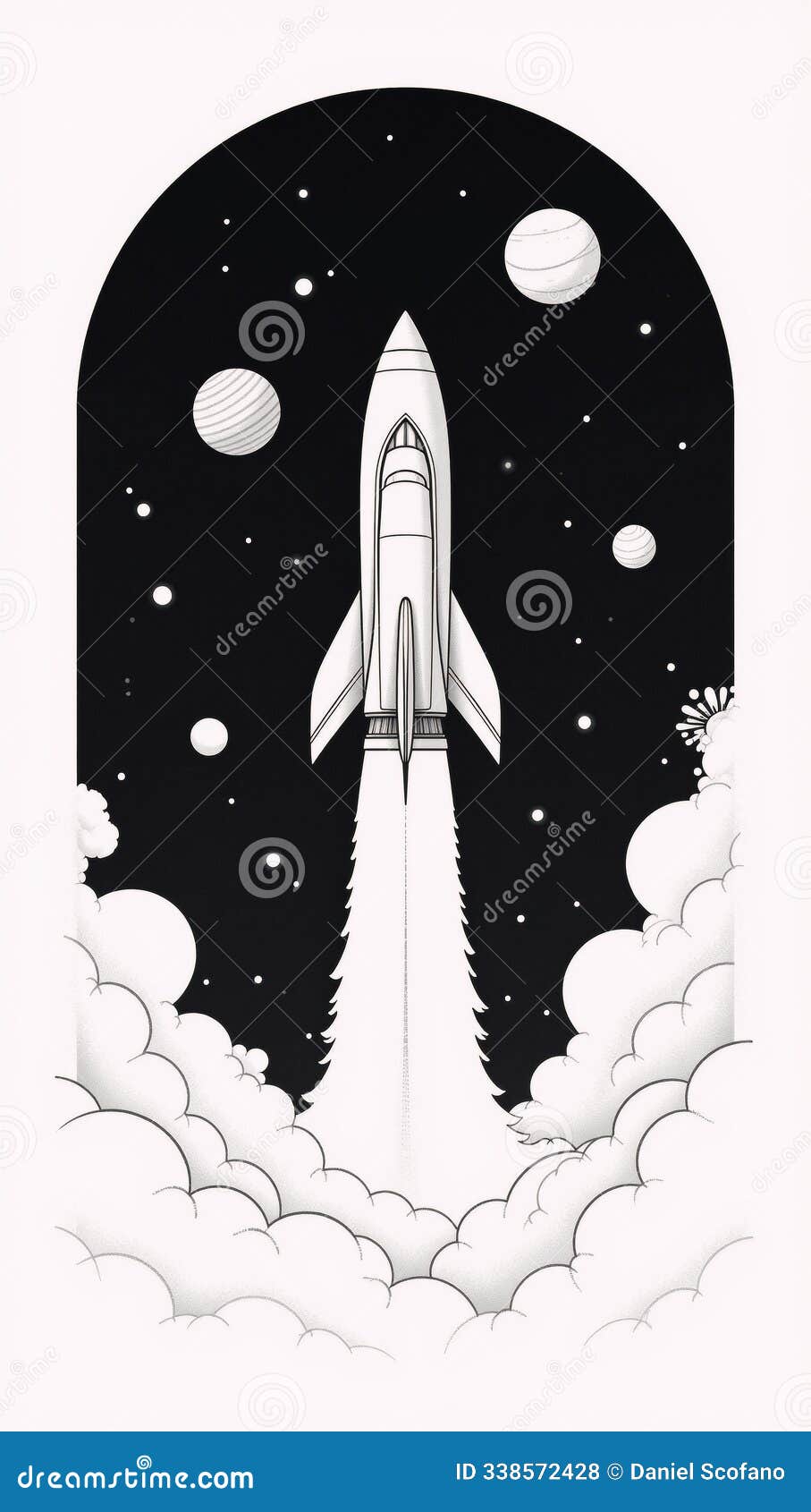 Continuous Oneline Drawing Depicts Spacecraft Taking Off Against Space ...