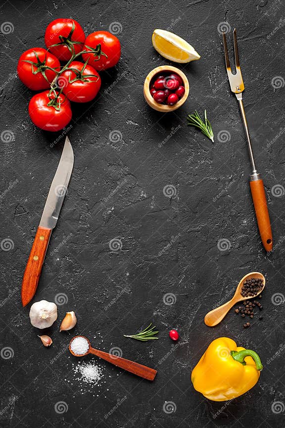 Concept Cook Work on Dark Background Top View Mock Up Stock Photo ...