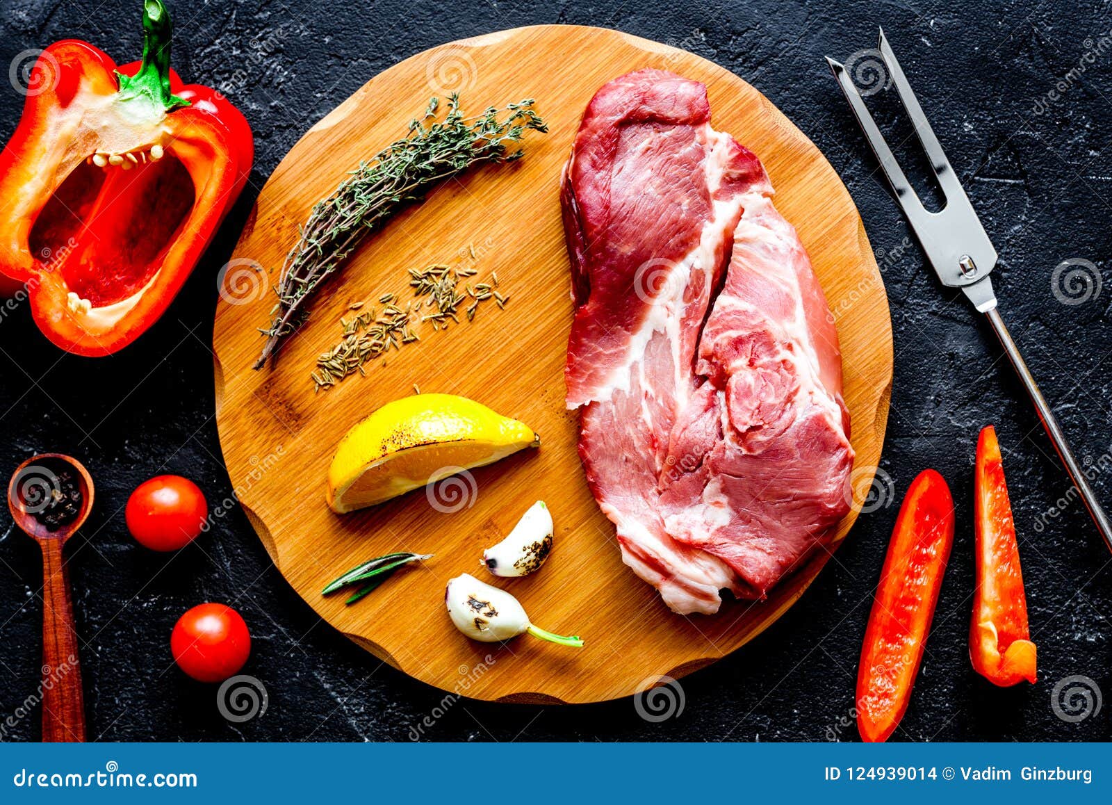 Concept Cooking Meat Steak on Dark Background Top View Stock Photo ...