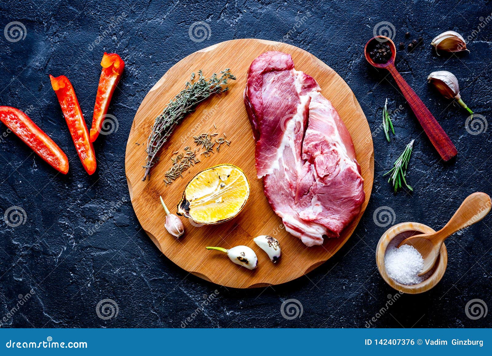 Concept Cooking Meat Steak on Dark Background Top View Stock Photo ...
