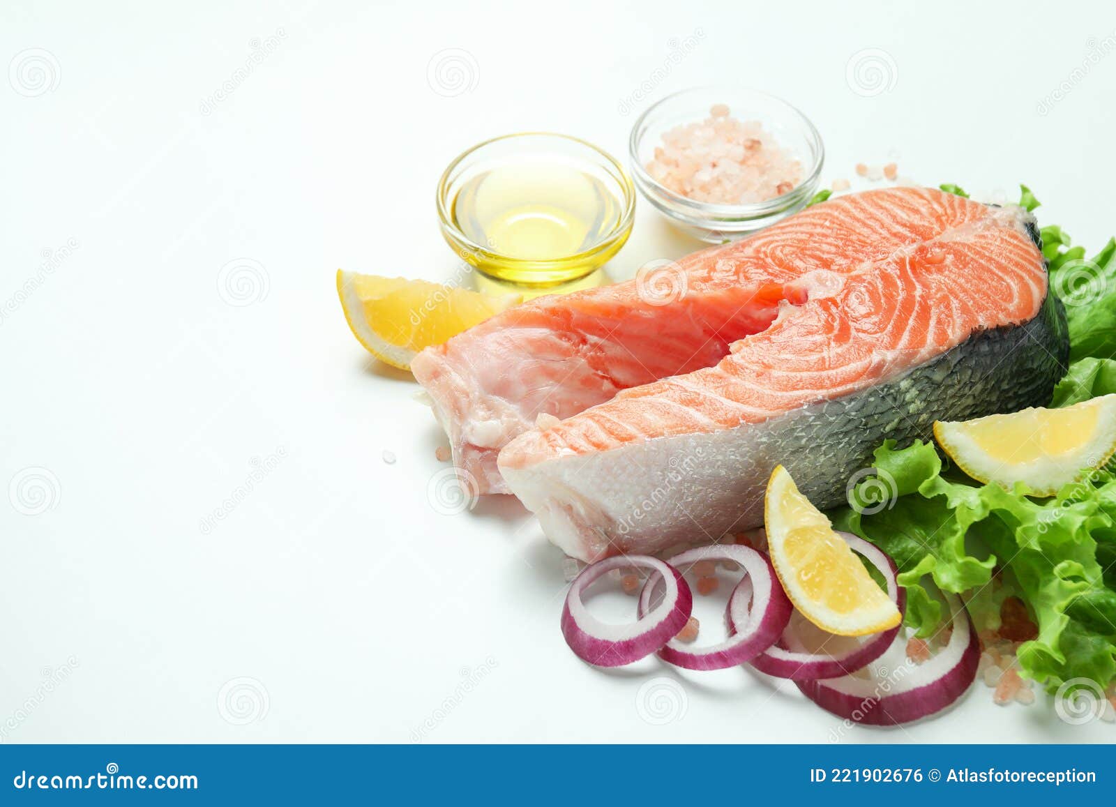 Concept of Cooking Salmon on White Background Stock Photo - Image of ...
