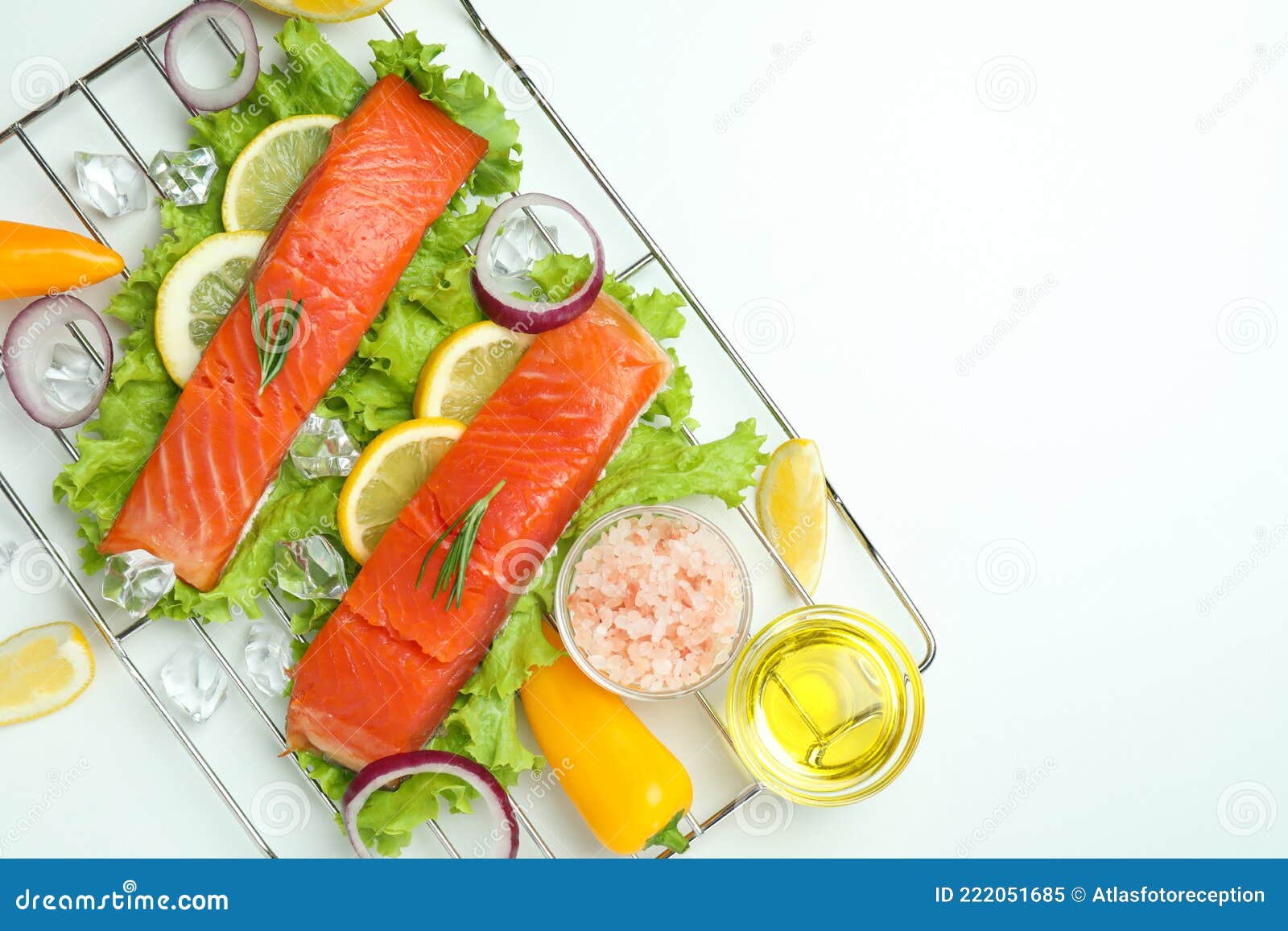 Concept of Cooking Salmon on White Background Stock Image - Image of ...