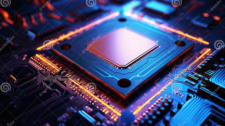 Concept CPU. Close-up of Modern Computer Micro Chip in Neon Light Stock ...