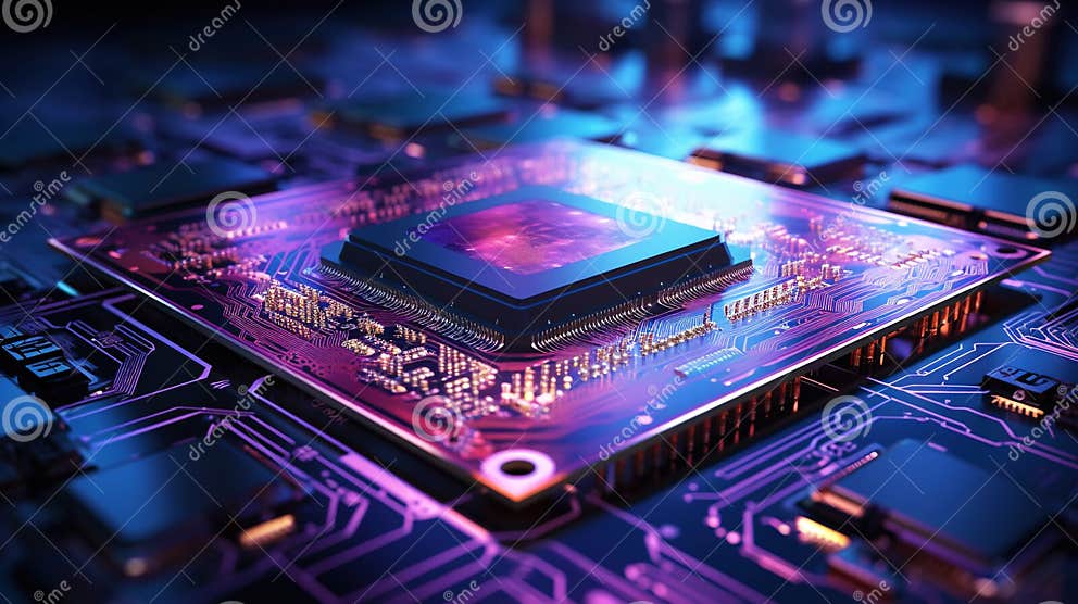 Concept CPU. Close-up of Modern Computer Micro Chip in Neon Light Stock ...