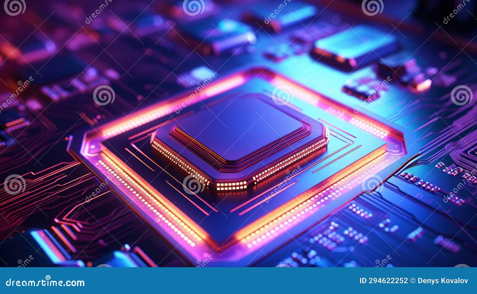 Concept CPU. Close-up of Modern Computer Micro Chip in Neon Light Stock ...