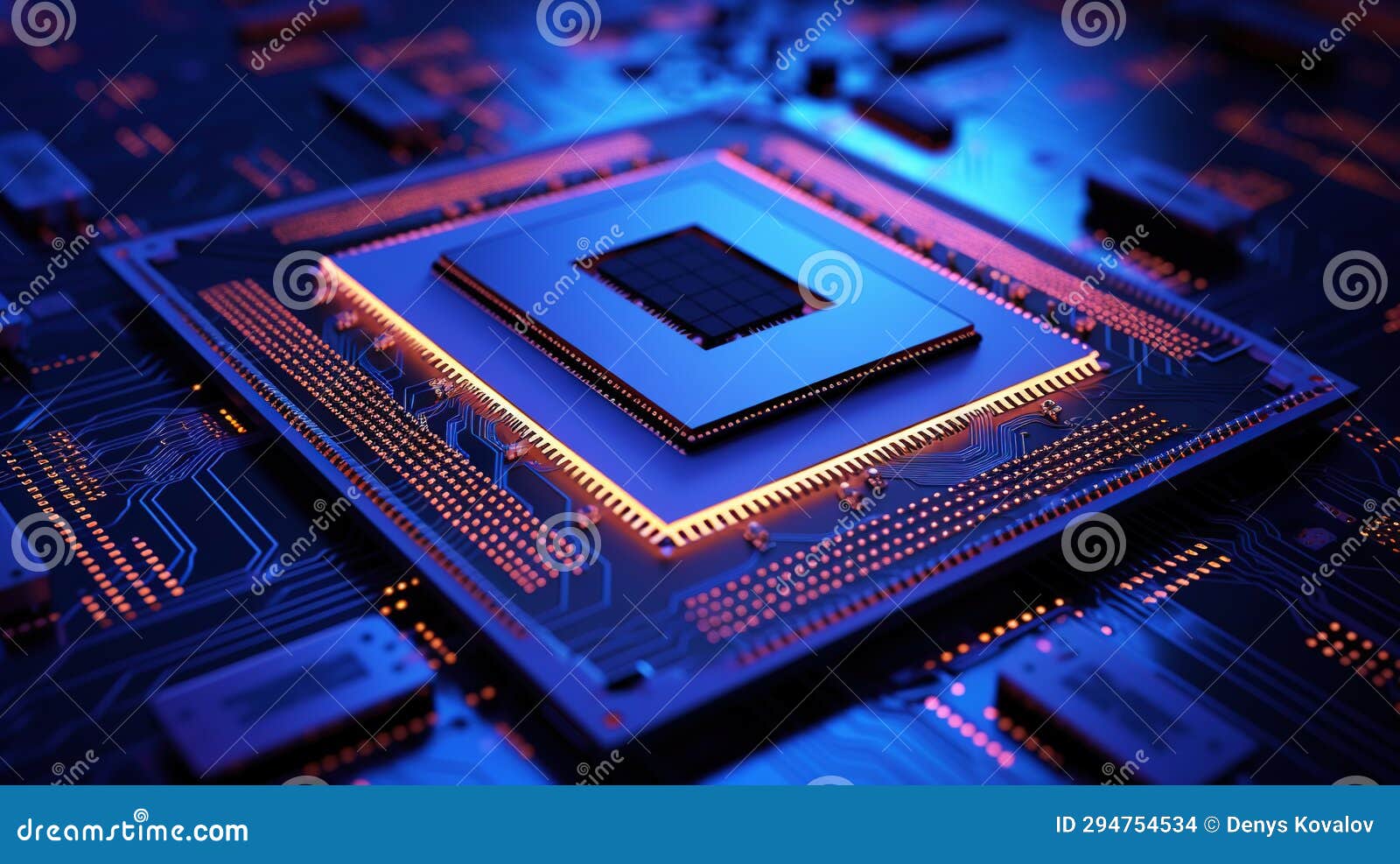 Concept CPU. Close-up of Modern Computer Micro Chip in Neon Light Stock ...