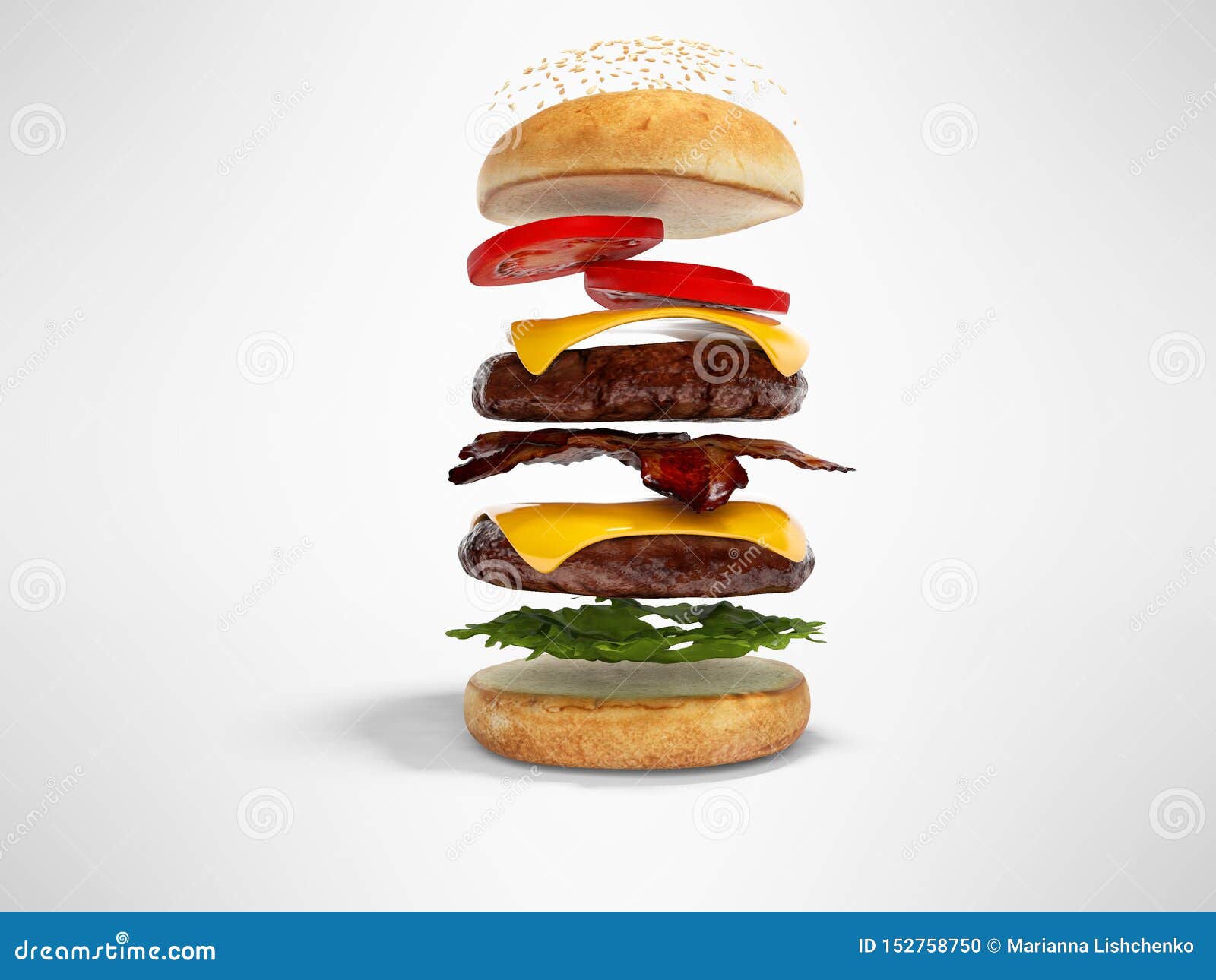 Concept of Creating Hamburger in Layers 3d Render Illustration on Gray ...