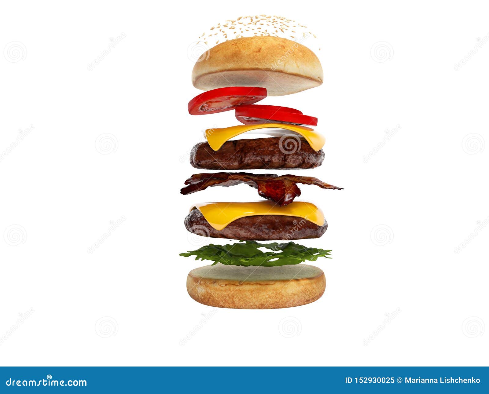Concept of Creating Hamburger in Layers 3d Render Illustration on White ...