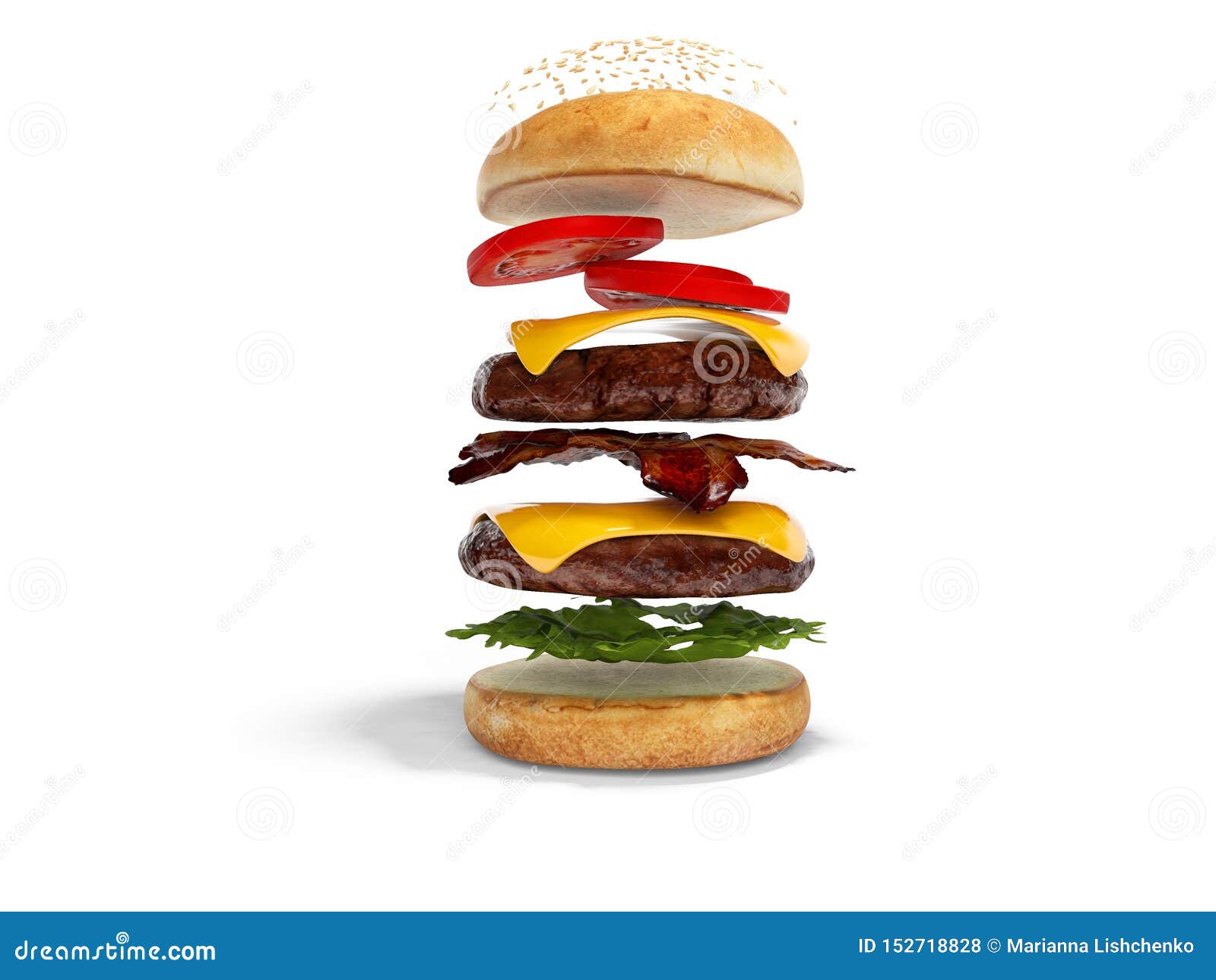 Concept of Creating Hamburger in Layers 3d Render Illustration on White ...