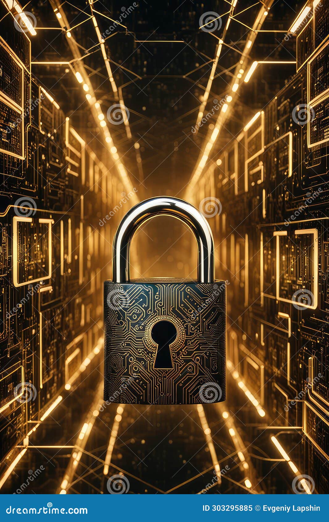 The Concept of Cybersecurity. Padlock on the Background of the Server ...