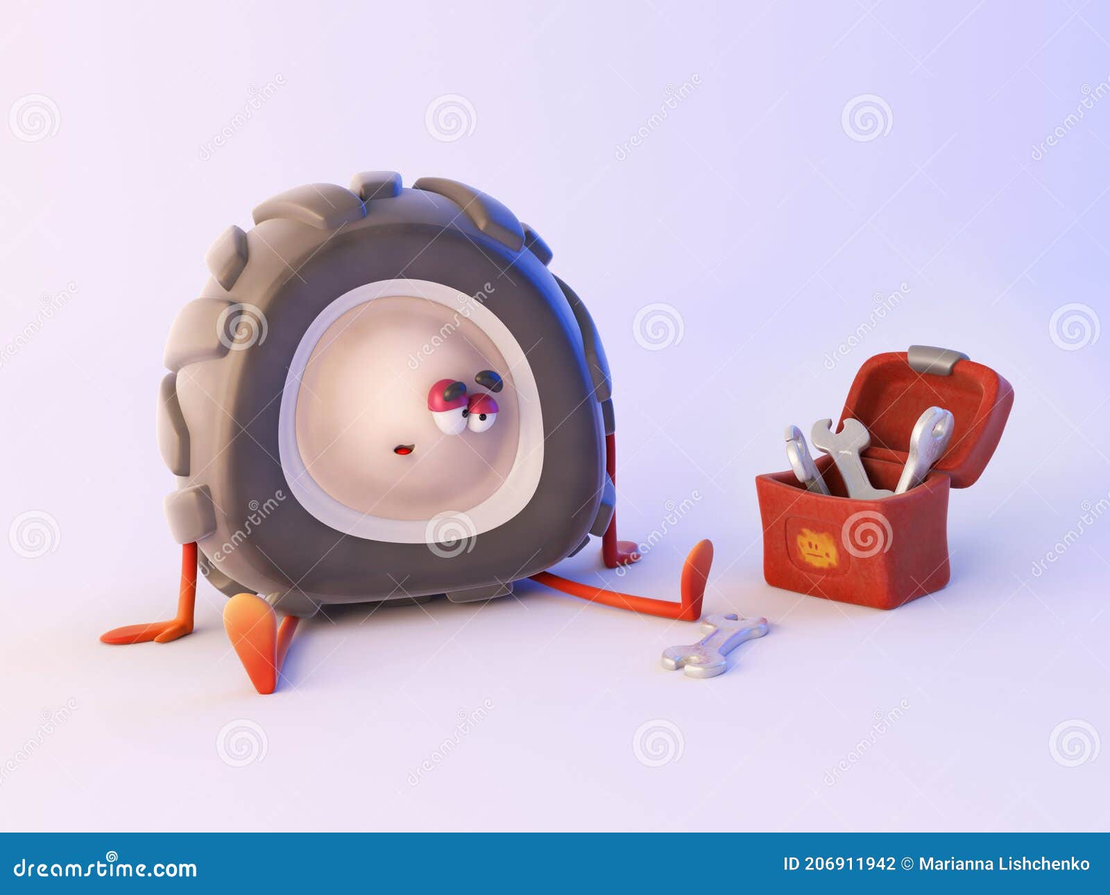 Concept 3d Rendering Broken Wheel Cartoon Character Under Repair Stock ...