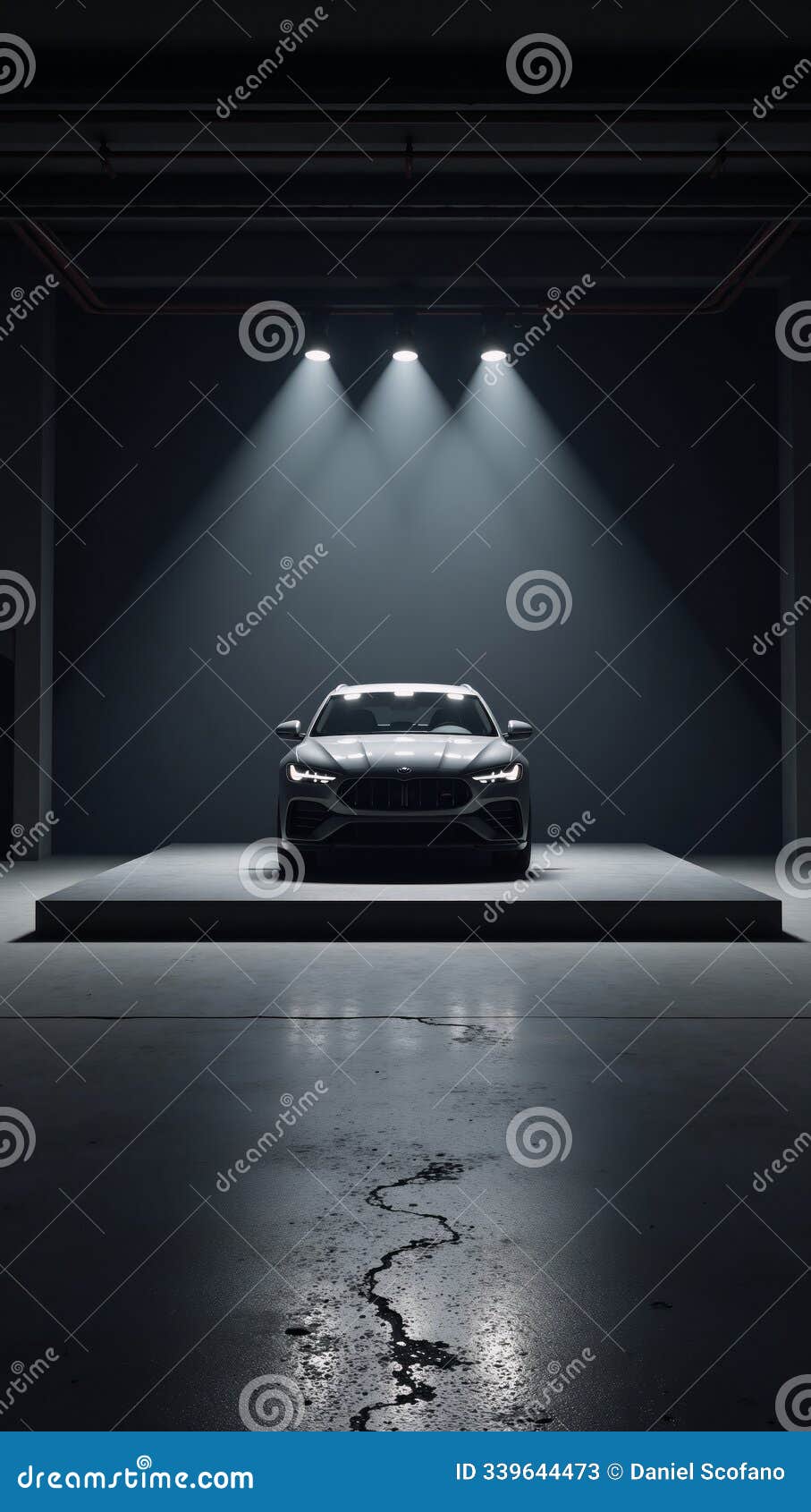 3D Rendering Depicting a Moody Dimly Lit Garage Setting with a Car in ...
