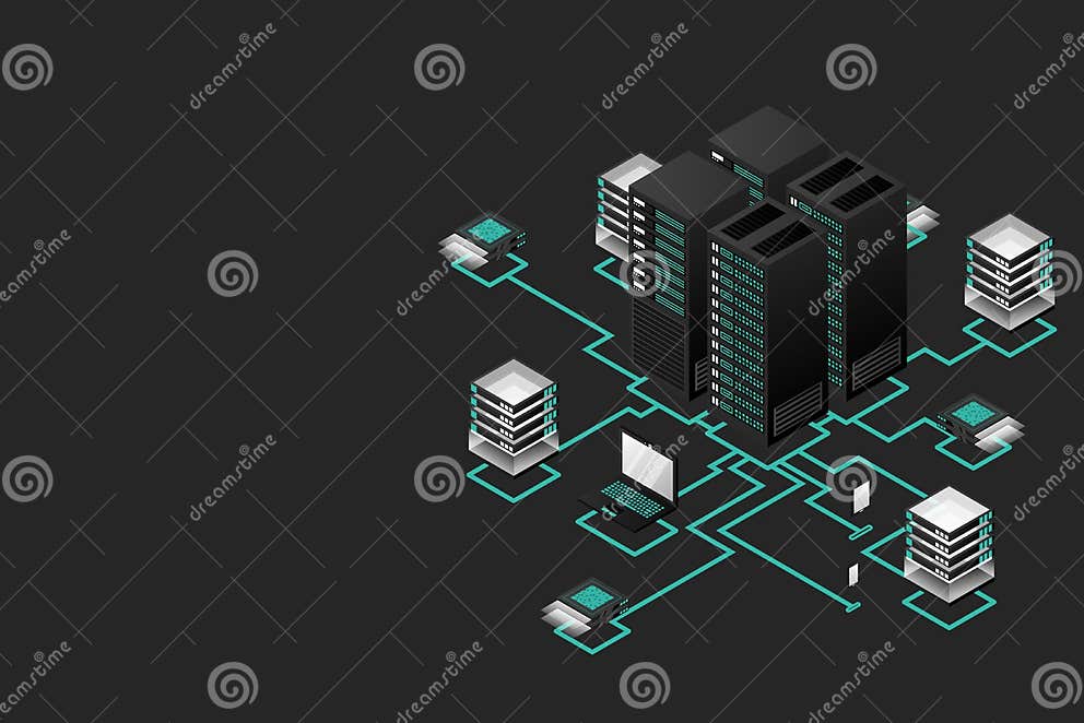 Concept of Data Network Management .Vector Isometric Map with Business Networking Servers ...