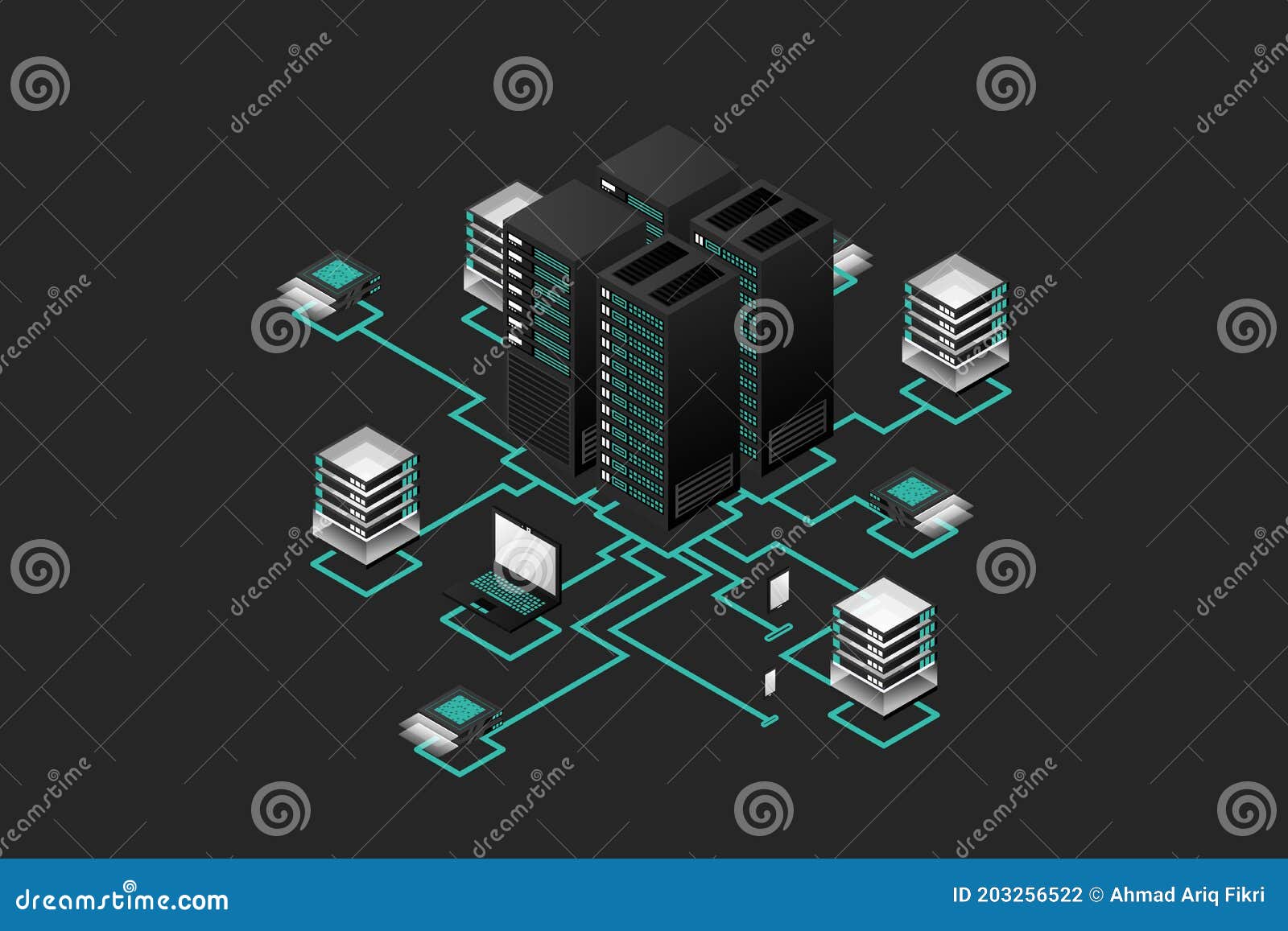 Concept of Data Network Management .Vector Isometric Map with Business Networking Servers ...