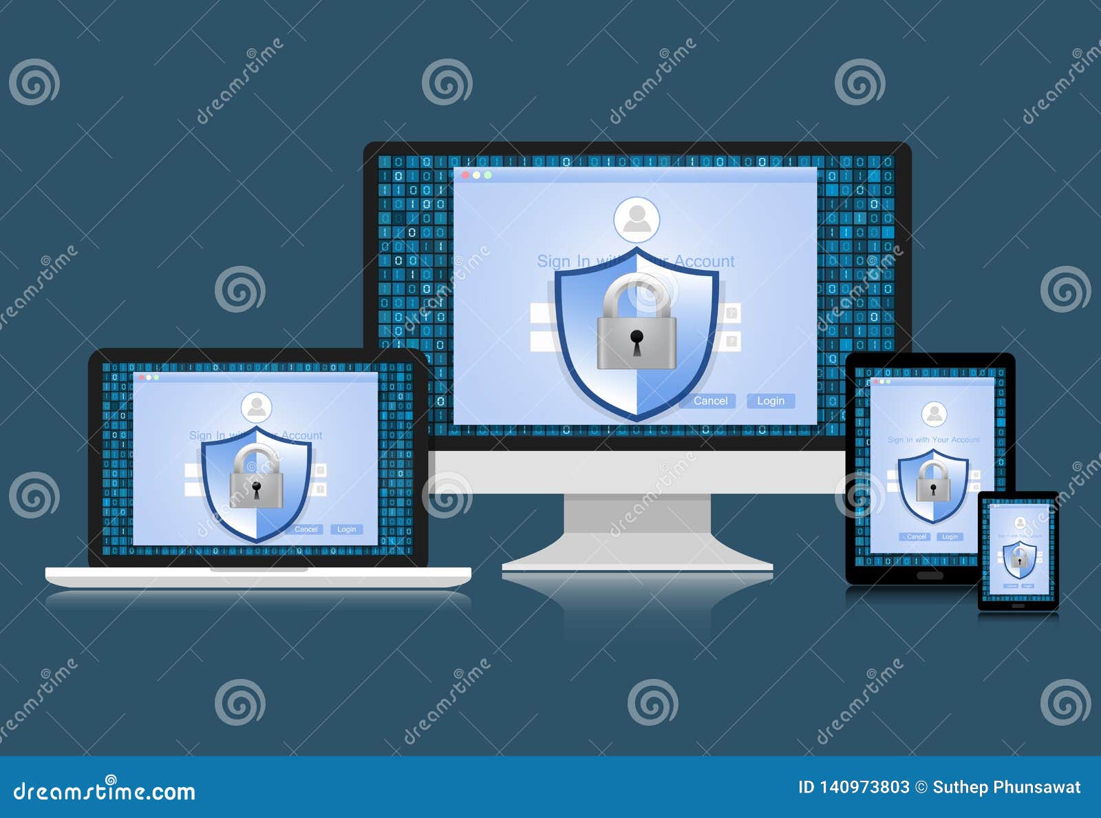 Concept is Data Security. Shield on Computer ,Laptop, Tablet and Smart ...