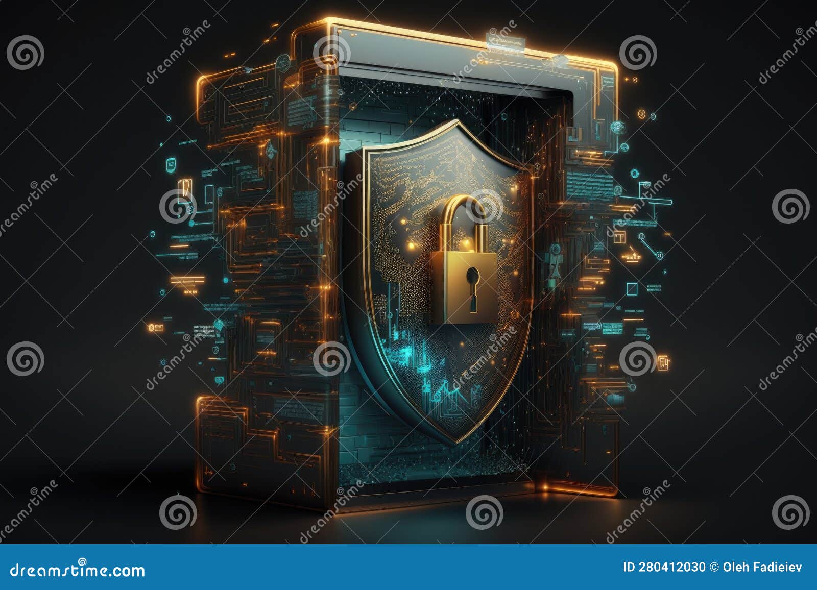 The Concept of Data Security. Shield with Dangling Gold Lock on Digital ...