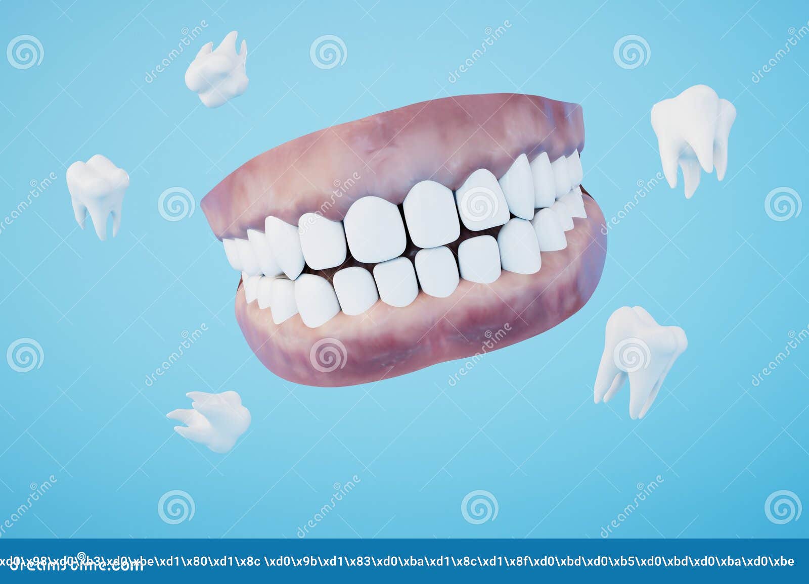 The Concept of Dental Treatment. Teeth Flying on a Blue Background ...