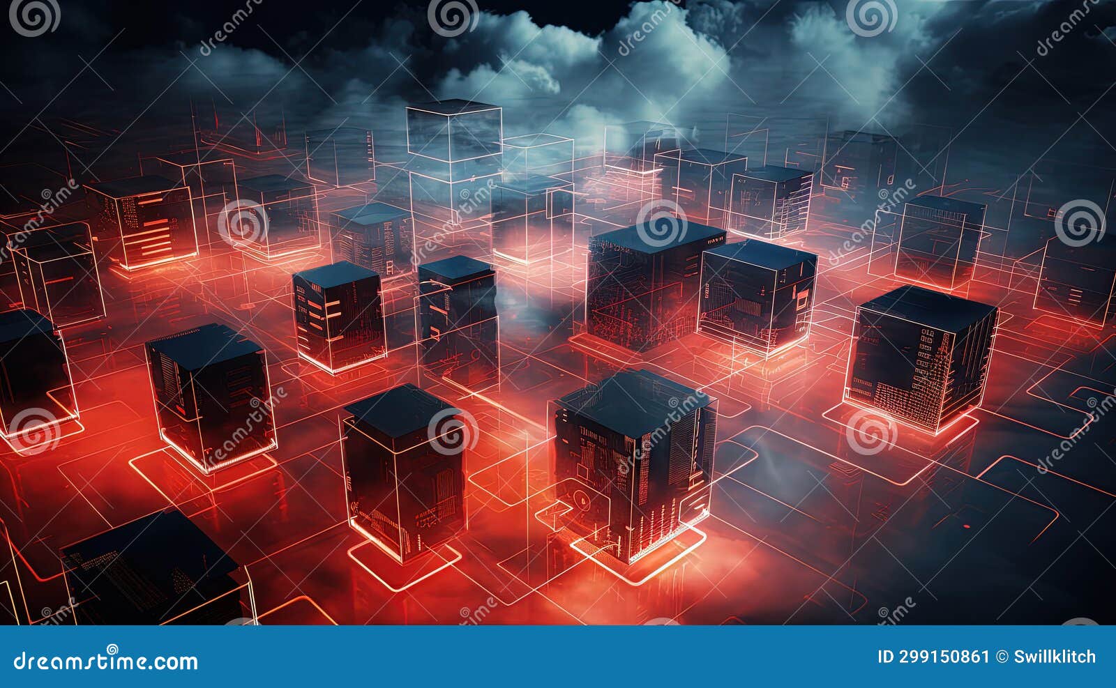 Concept of a Digital City with Cloud Connections. Futuristic Network in the Clouds. Generated AI ...