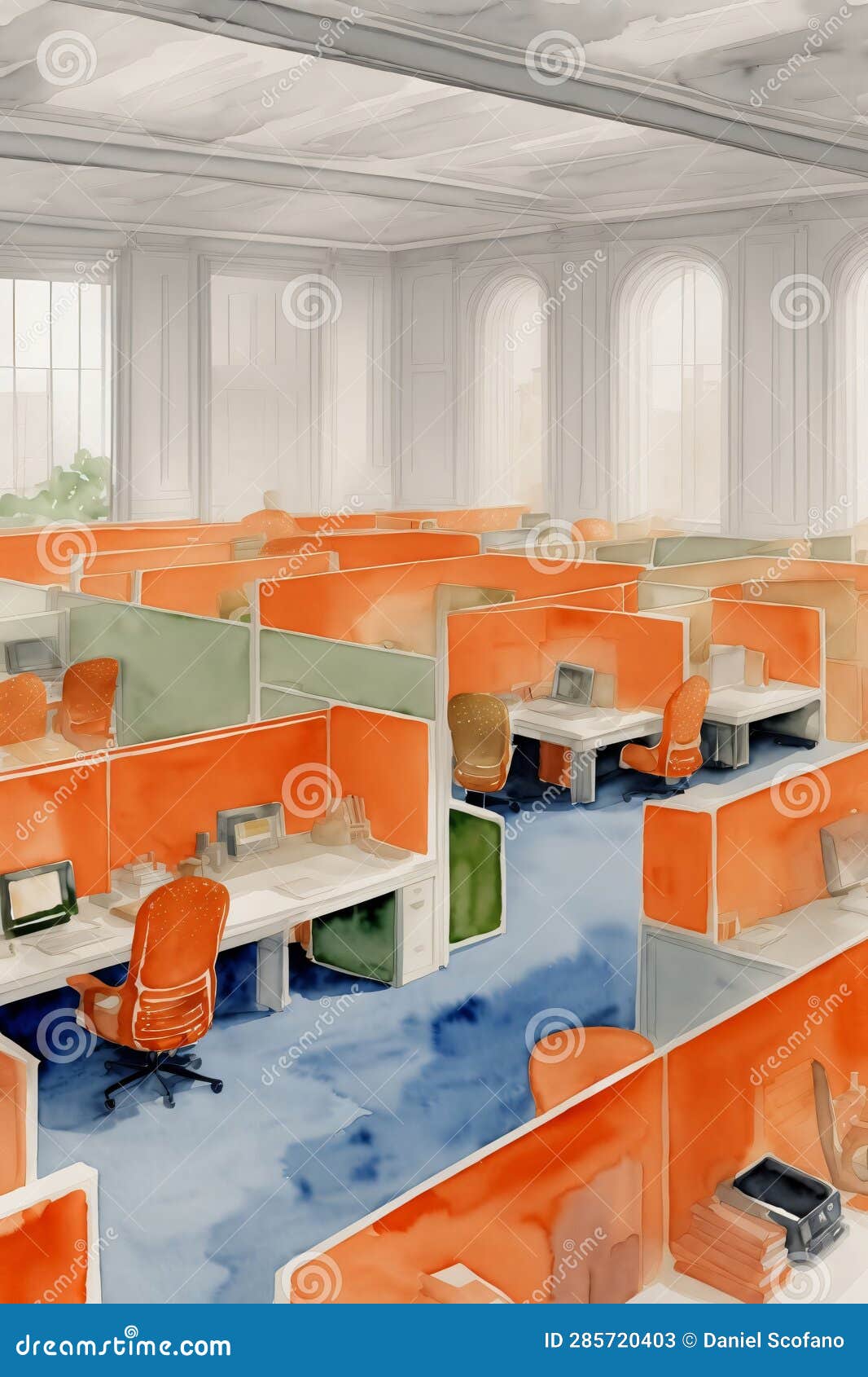 A Drawing of an Office Cubicle with Orange Cubicles. Generative AI ...