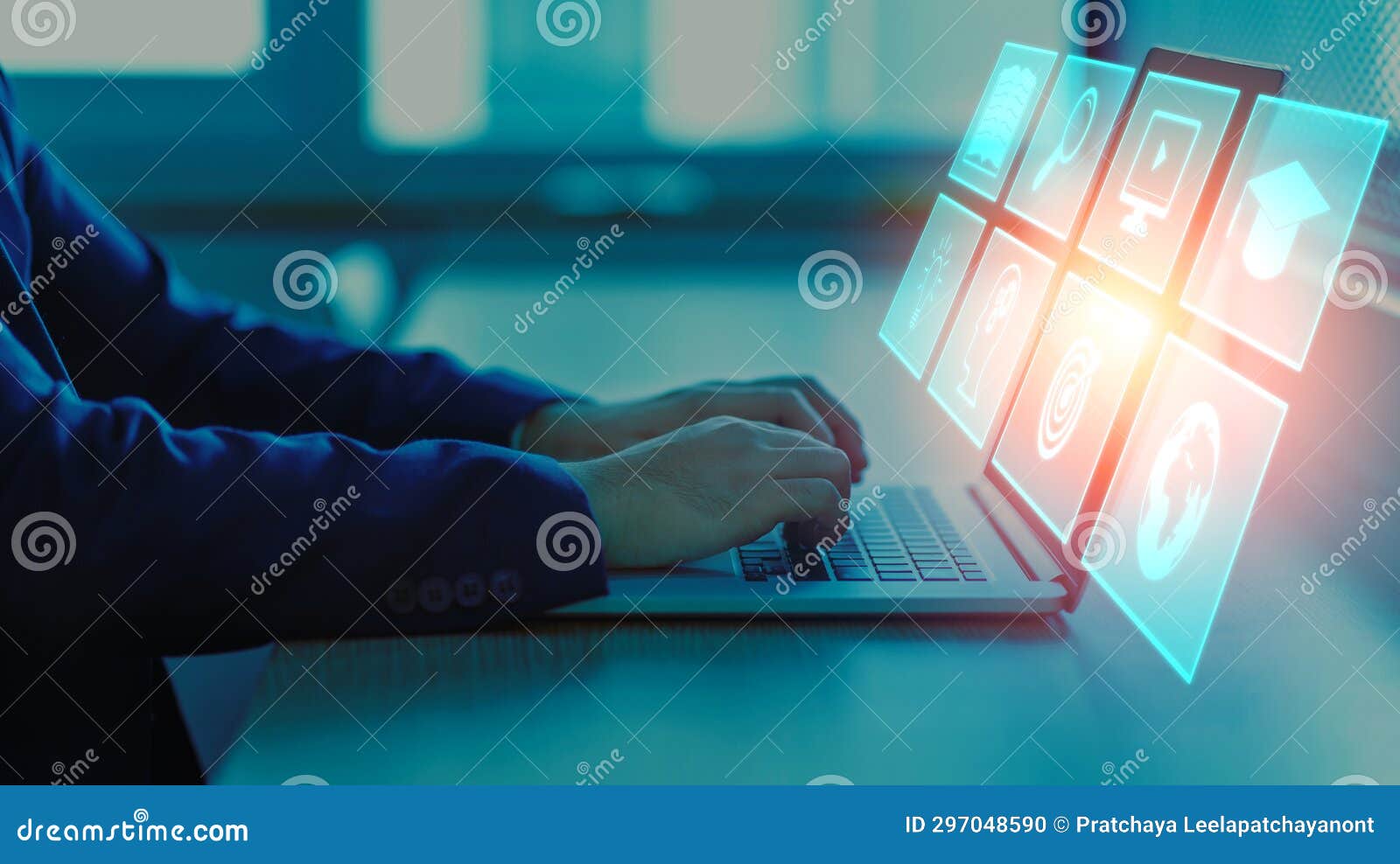 Concept of E-learning Education. Man Uses Laptop Learning Online ...