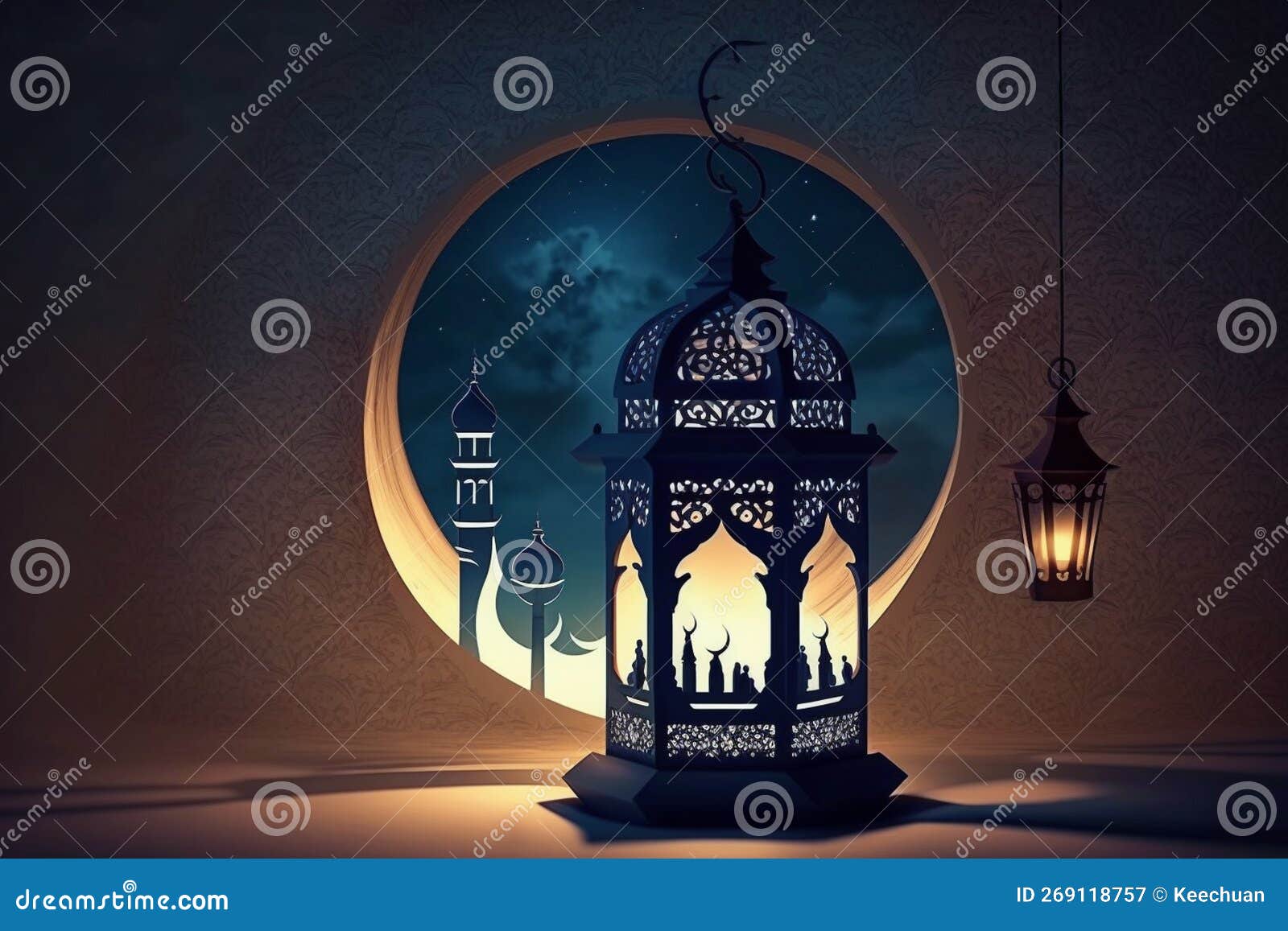 Concept of Eid Mubarak, Moslem Celebration with Lantern, Mosque and ...