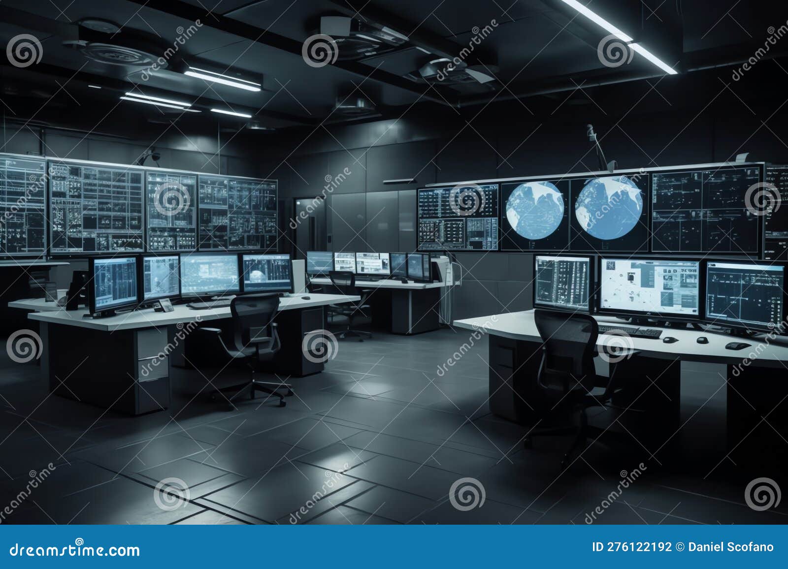 Empty Interior of Big Modern Security System Control Room, Workstation ...