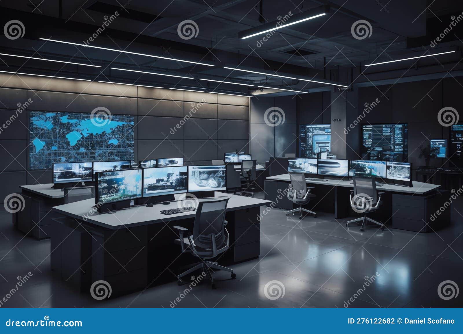Empty Interior of Big Modern Security System Control Room, Workstation ...