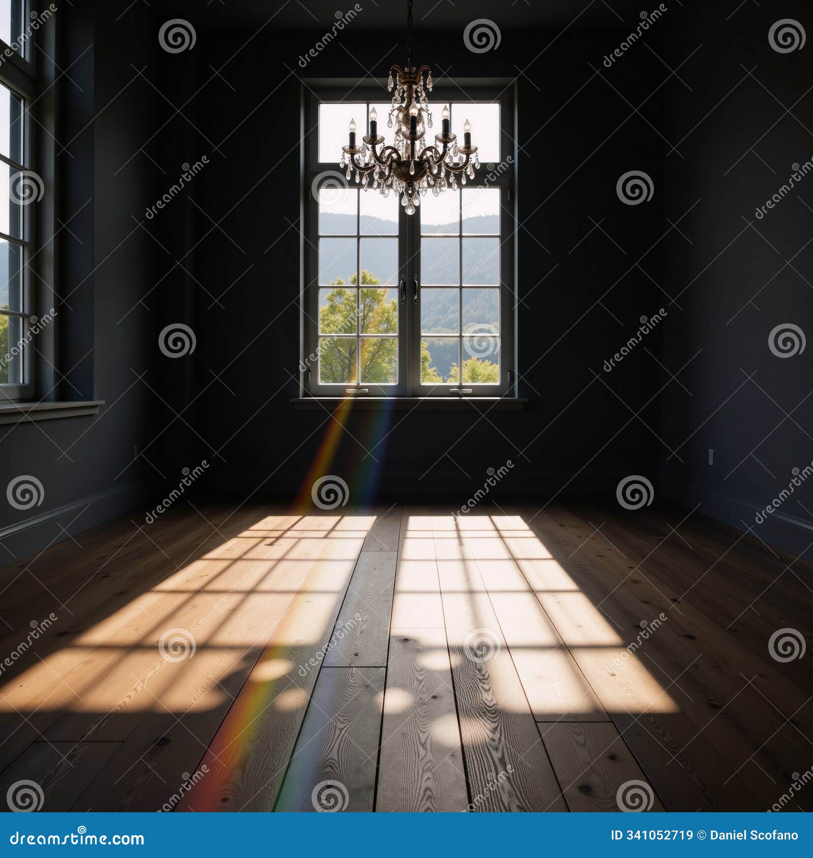 Empty Room Featuring Darkgray Walls Wood Floors Large Windows Allow ...