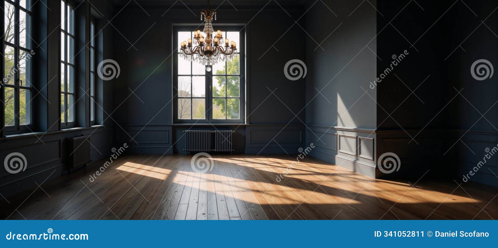 Empty Room Featuring Darkgray Walls Wood Floors Large Windows Allow ...
