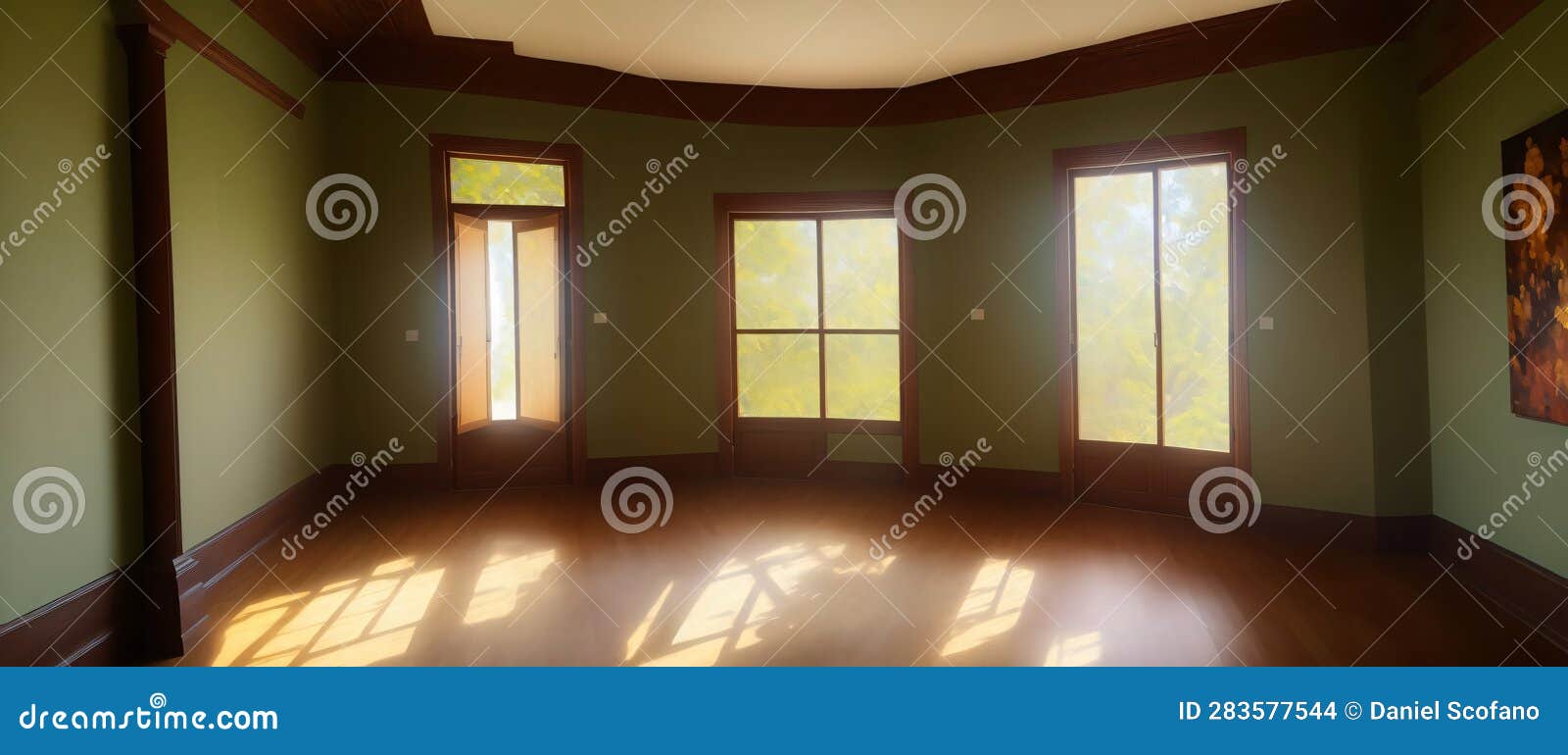An Empty Room with Three Windows and a Wooden Floor. Generative AI ...
