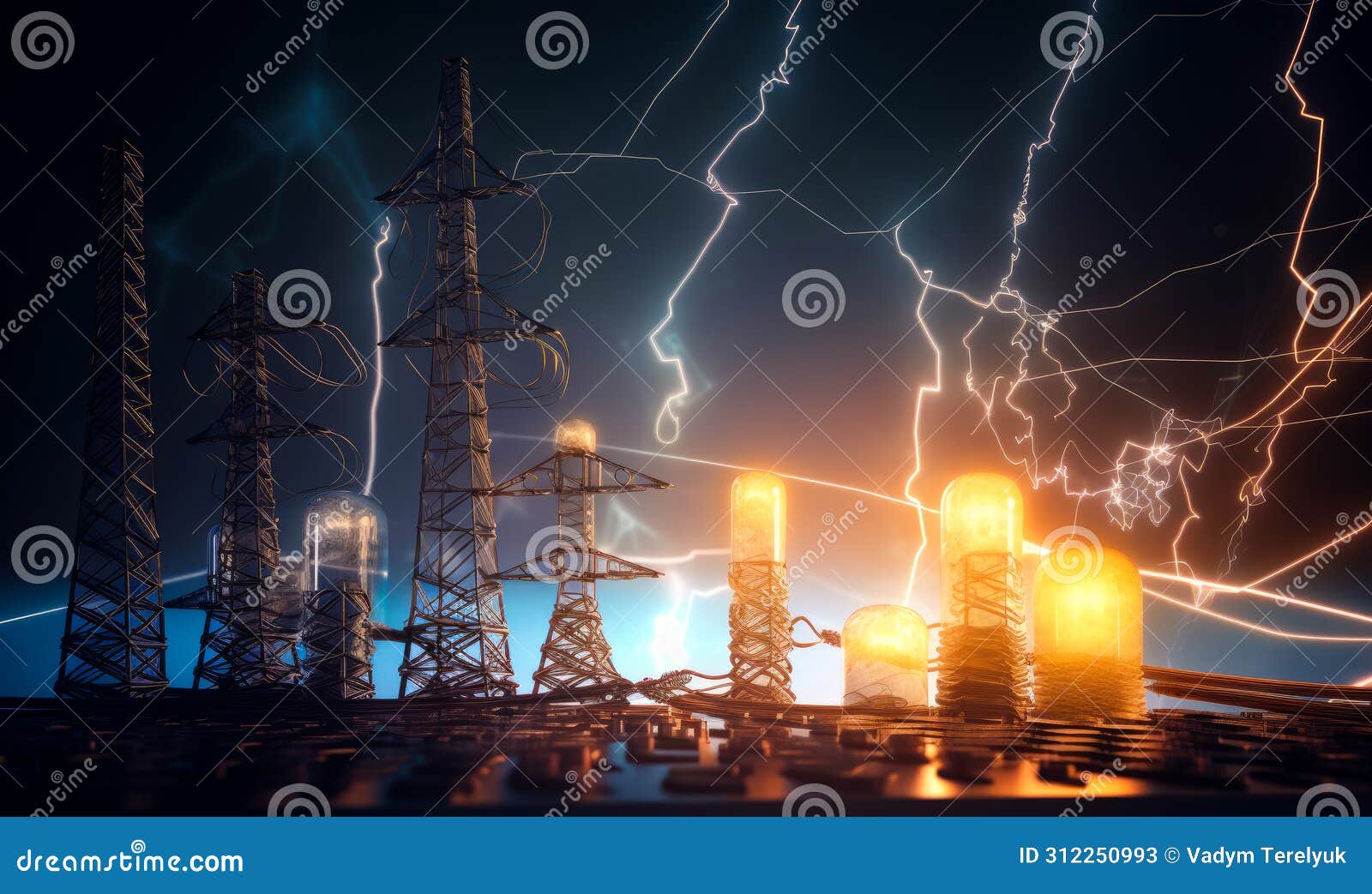 The Concept of Energy. High Voltage Power Lines on Background of Stormy ...