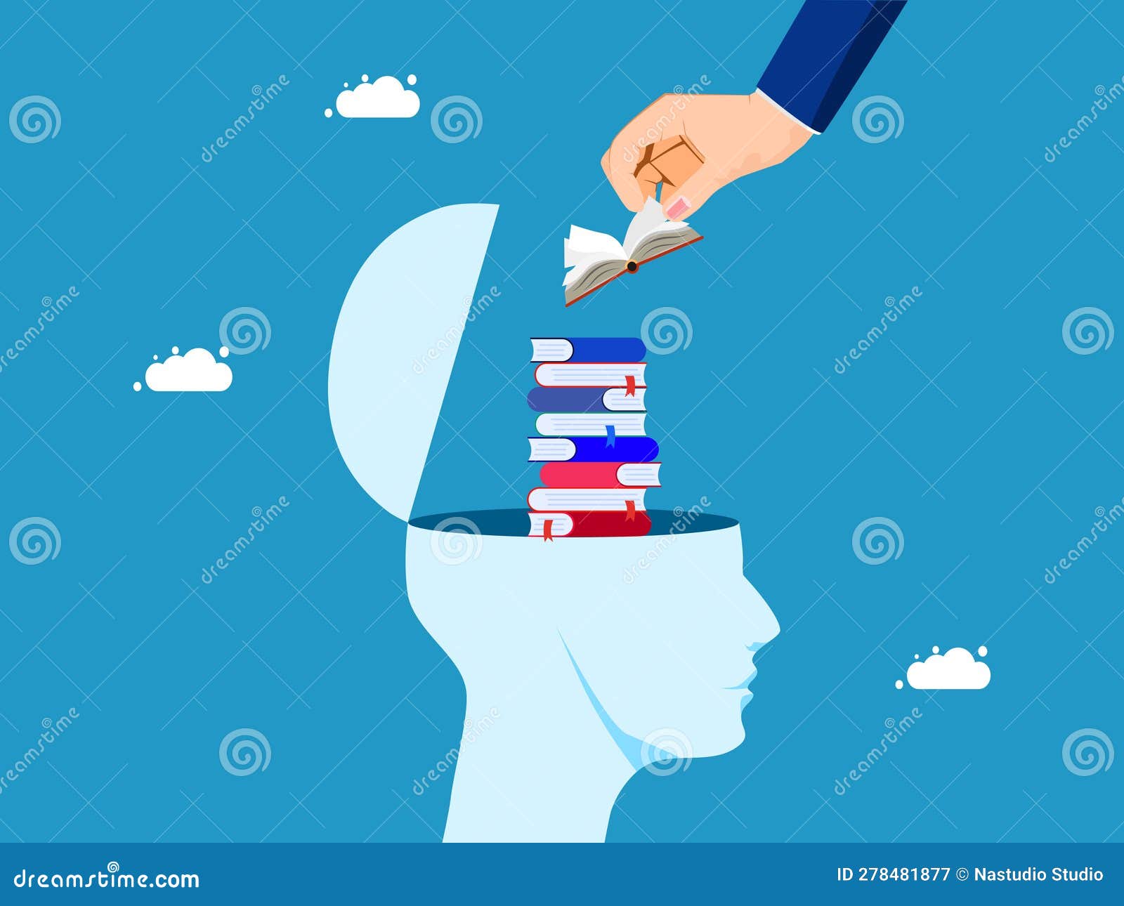 Concept of Enhancing Learning. Stack of Books in Human Head with ...