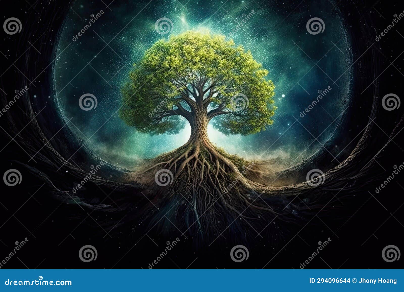 Concept of Environment, Tree in Night Sky Cosmos Stock Illustration ...