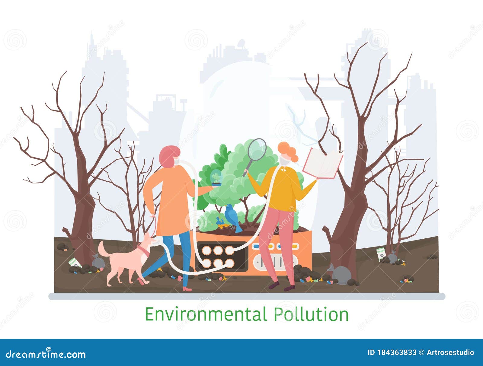 Concept of Environmental Pollution, Flat Line Vector Illustration Stock ...