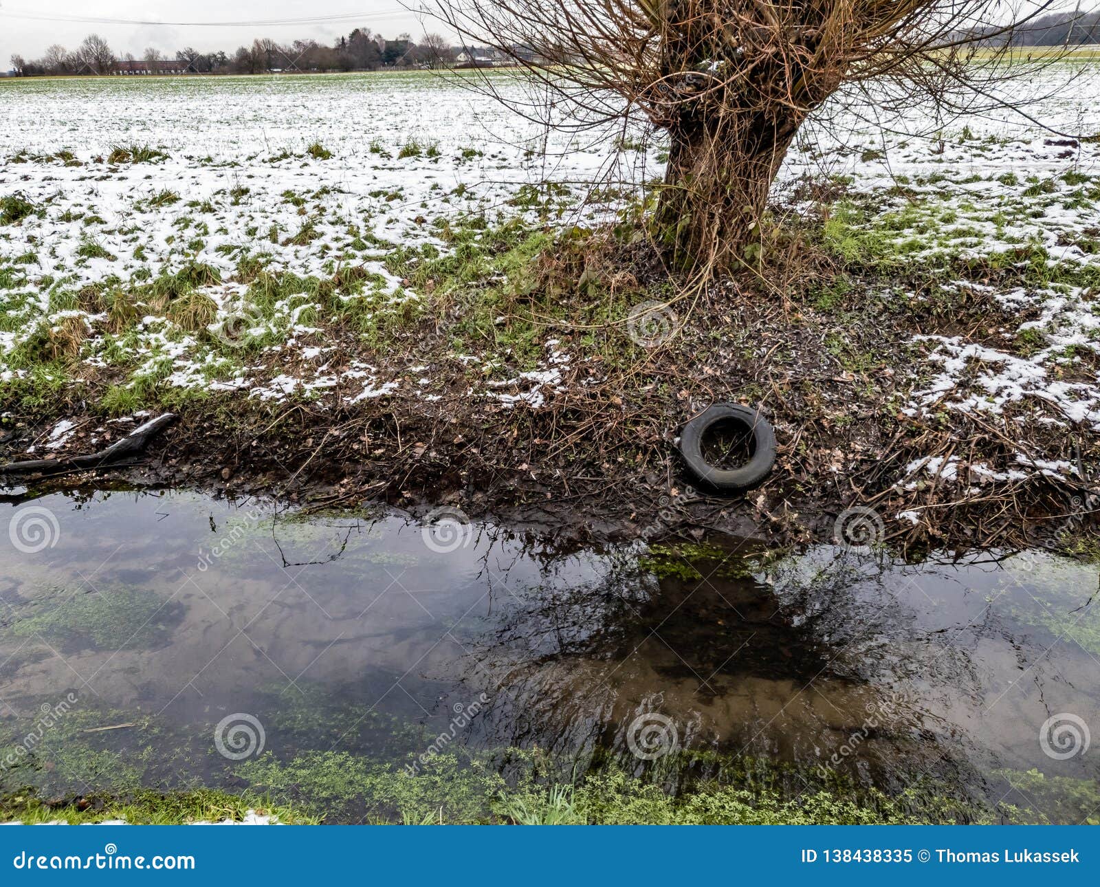 Old Tyre In The Bog. Environmental Problems Pollution. Black And White ...