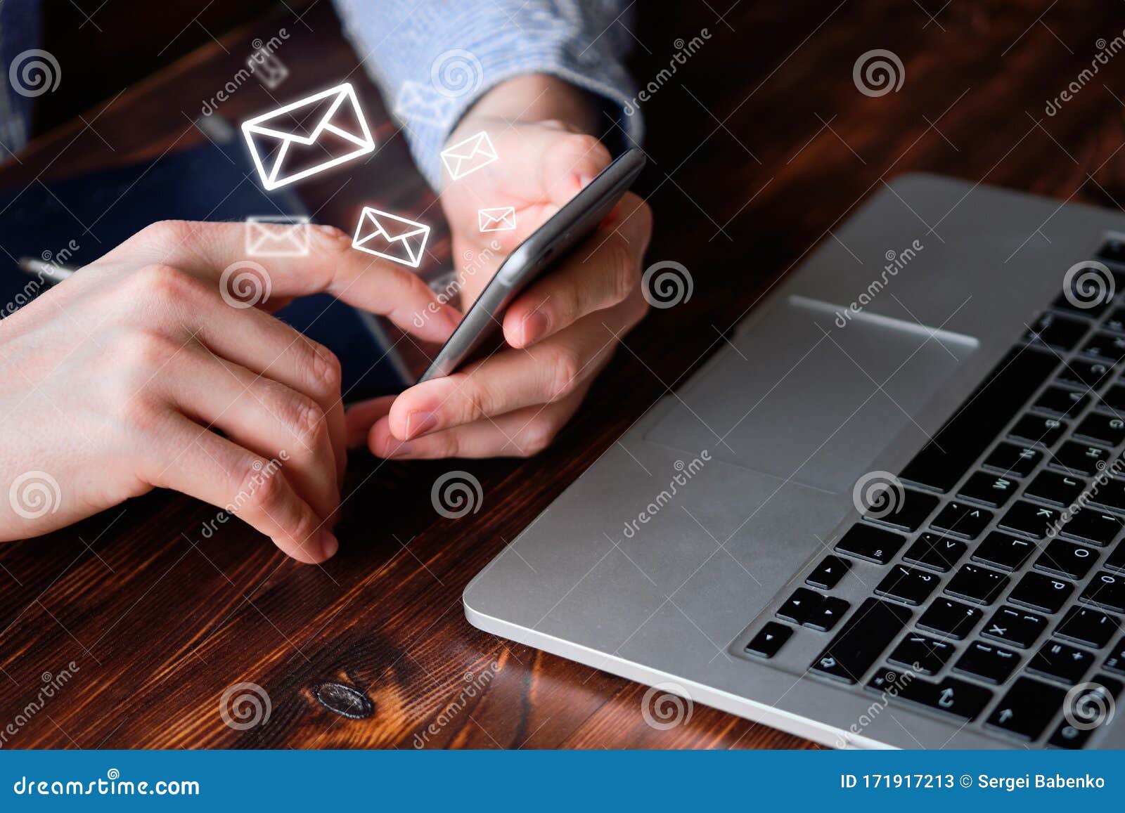 The Concept of Exchanging Emails. a Man Works in a Smartphone Stock ...