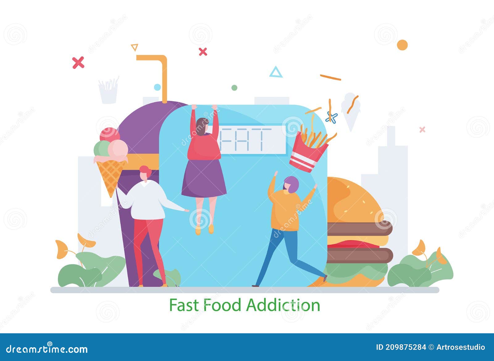 Concept of Fast Food Addiction, Flat Design Vector Illustration Stock ...