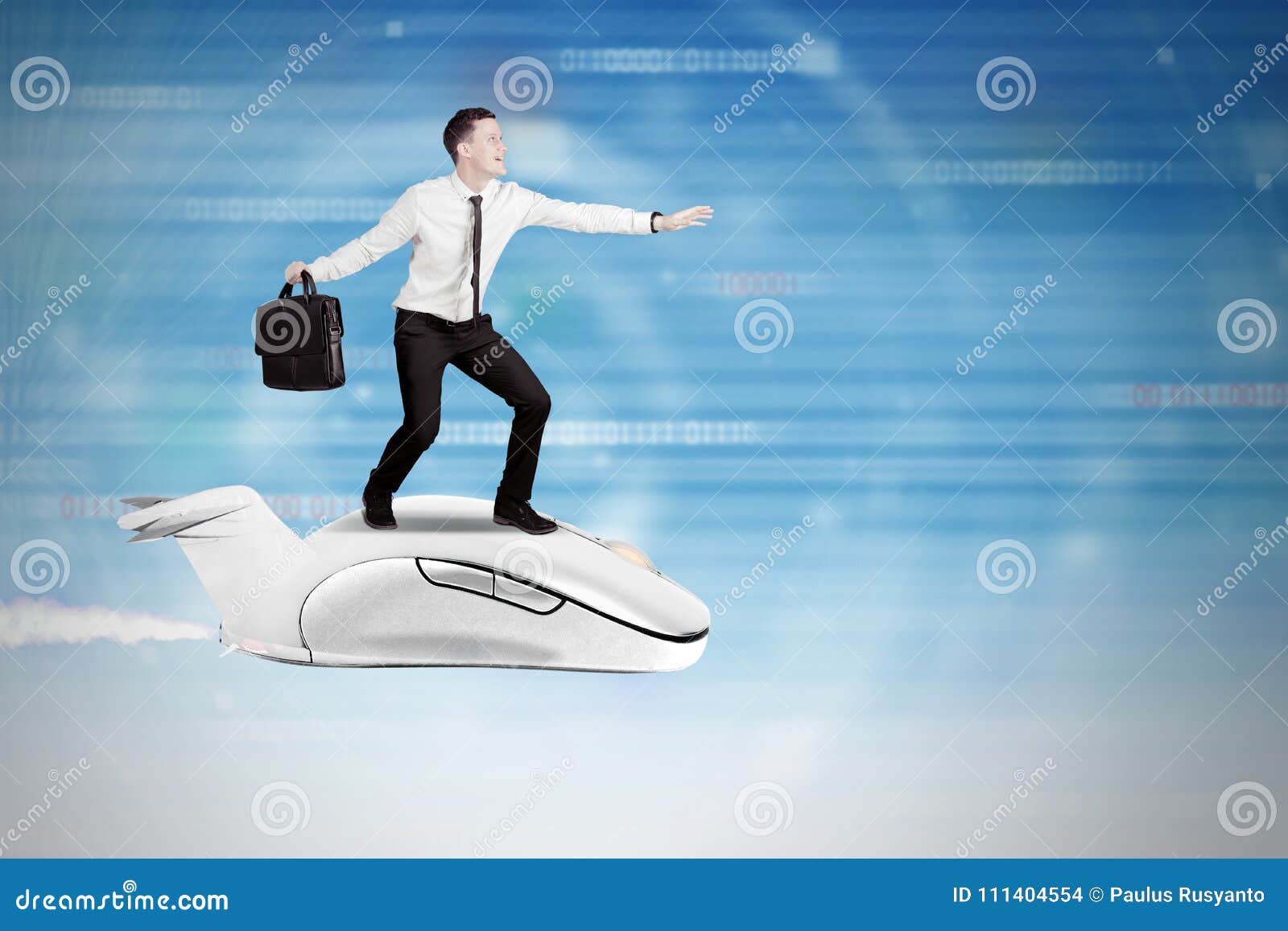 Fast Internet with Businessman Flying with a Computer Mouse Stock Photo ...