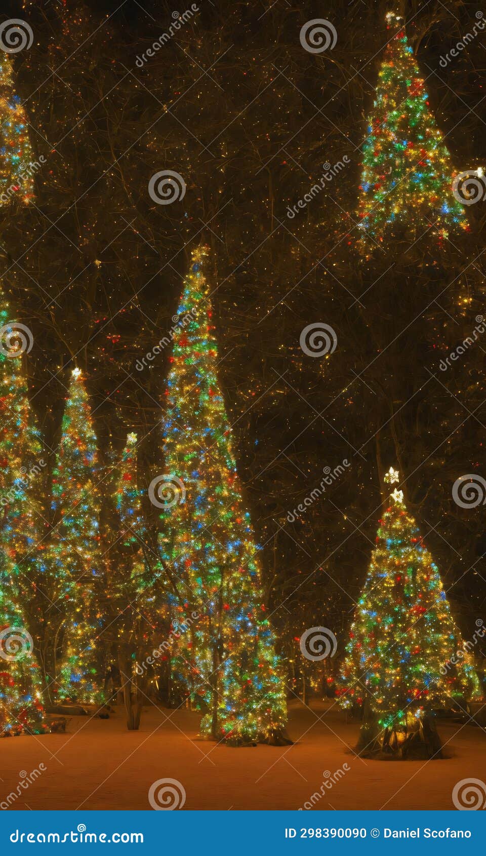 A Festive Forest with Trees Adorned with Ornaments and Lights at Dusk ...