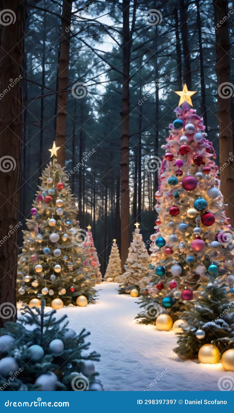 A Festive Forest with Trees Adorned with Ornaments and Lights at Dusk ...